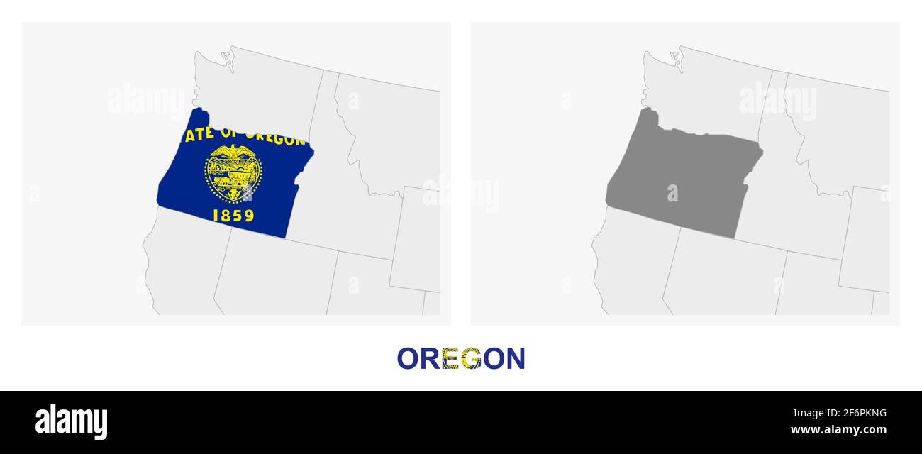 Two versions of the map of US State Oregon, with the flag of Oregon and ...