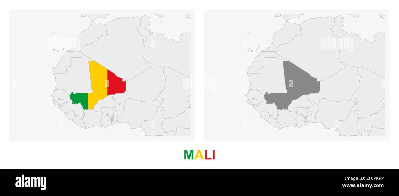Two versions of the map of Mali, with the flag of Mali and highlighted ...