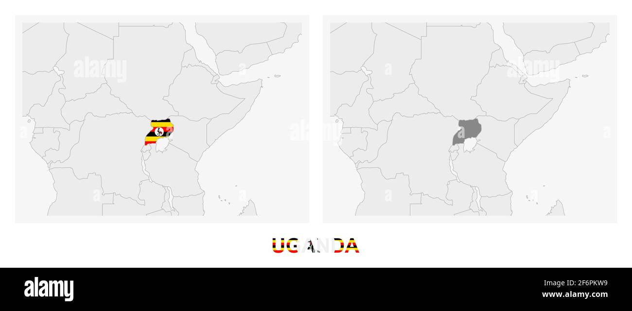 Two versions of the map of Uganda, with the flag of Uganda and ...