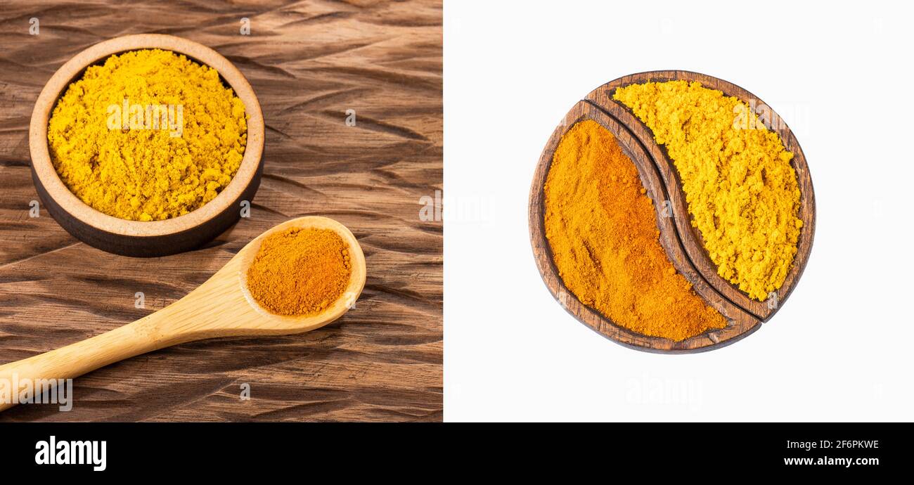 Curry and turmeric, organic powders - Text space Stock Photo - Alamy