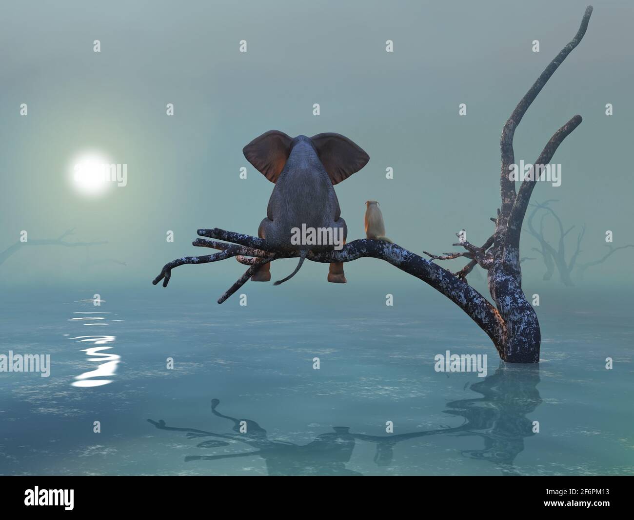 elephant and dog sit on a tree during a flood Stock Photo - Alamy