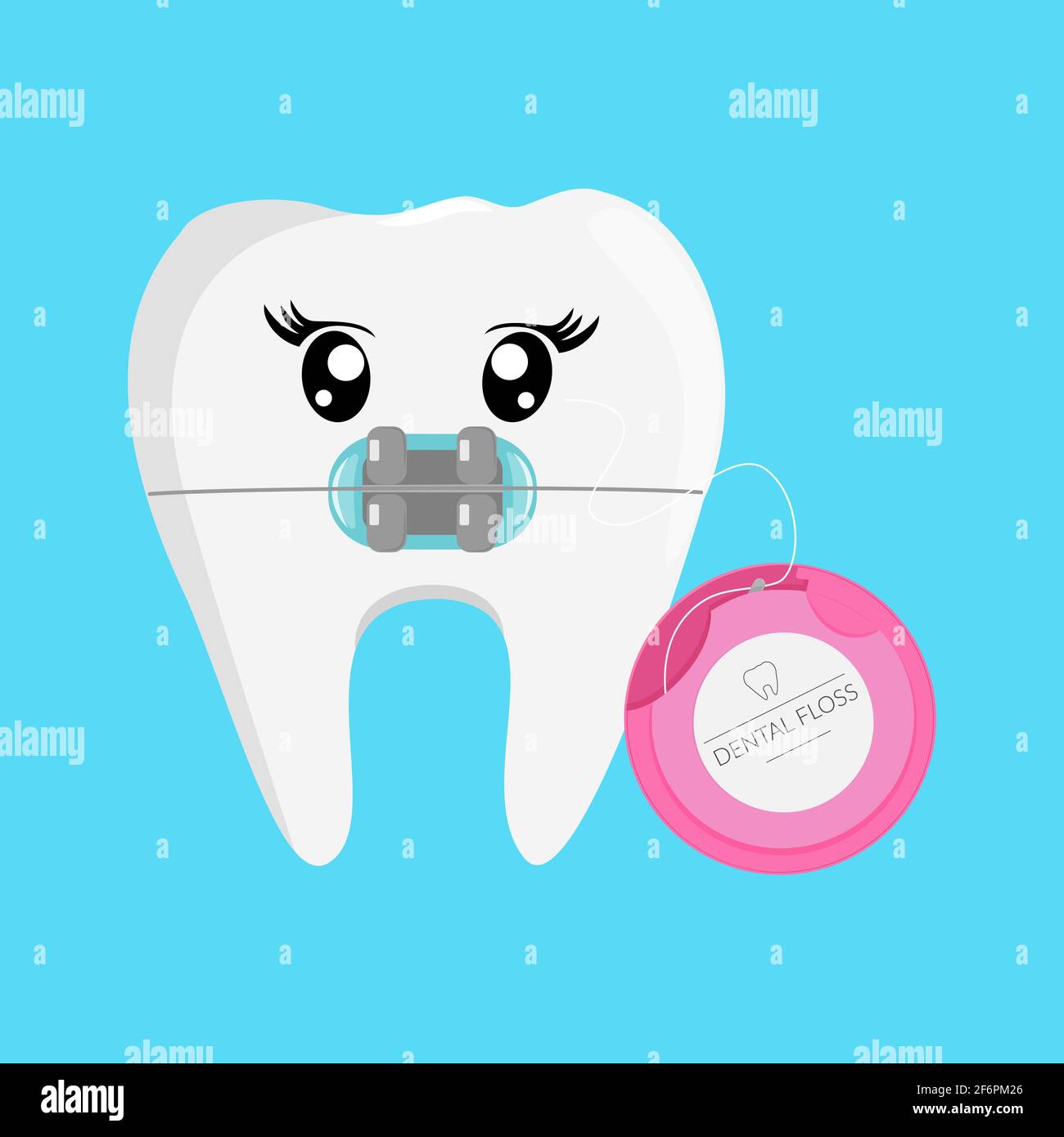 Cartoon tooth. Dental care for braces, oral hygiene with floss. Vector ...