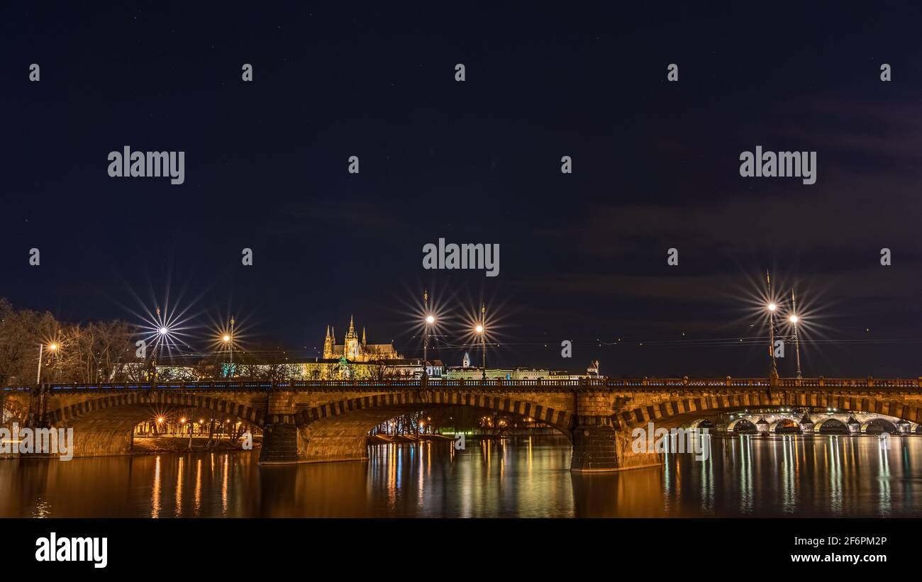 Night shot of Legion Bridge - Most Legií - over river Vltava in Prague ...