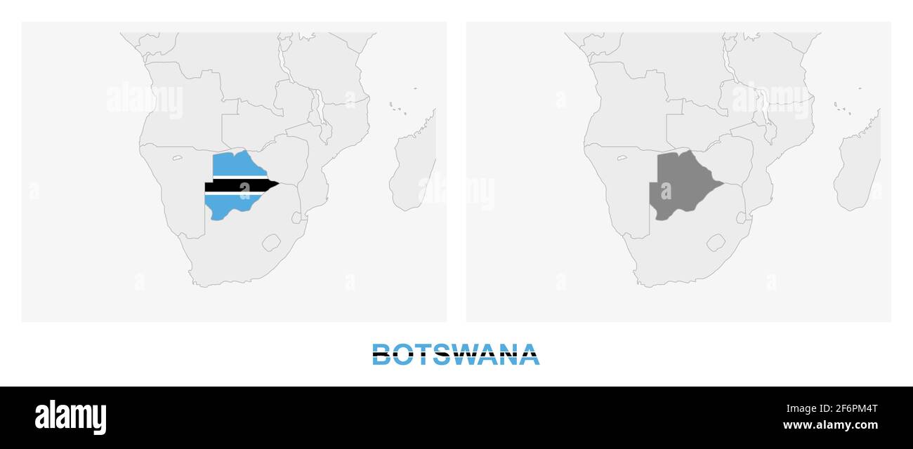Two versions of the map of Botswana, with the flag of Botswana and highlighted in dark grey ...