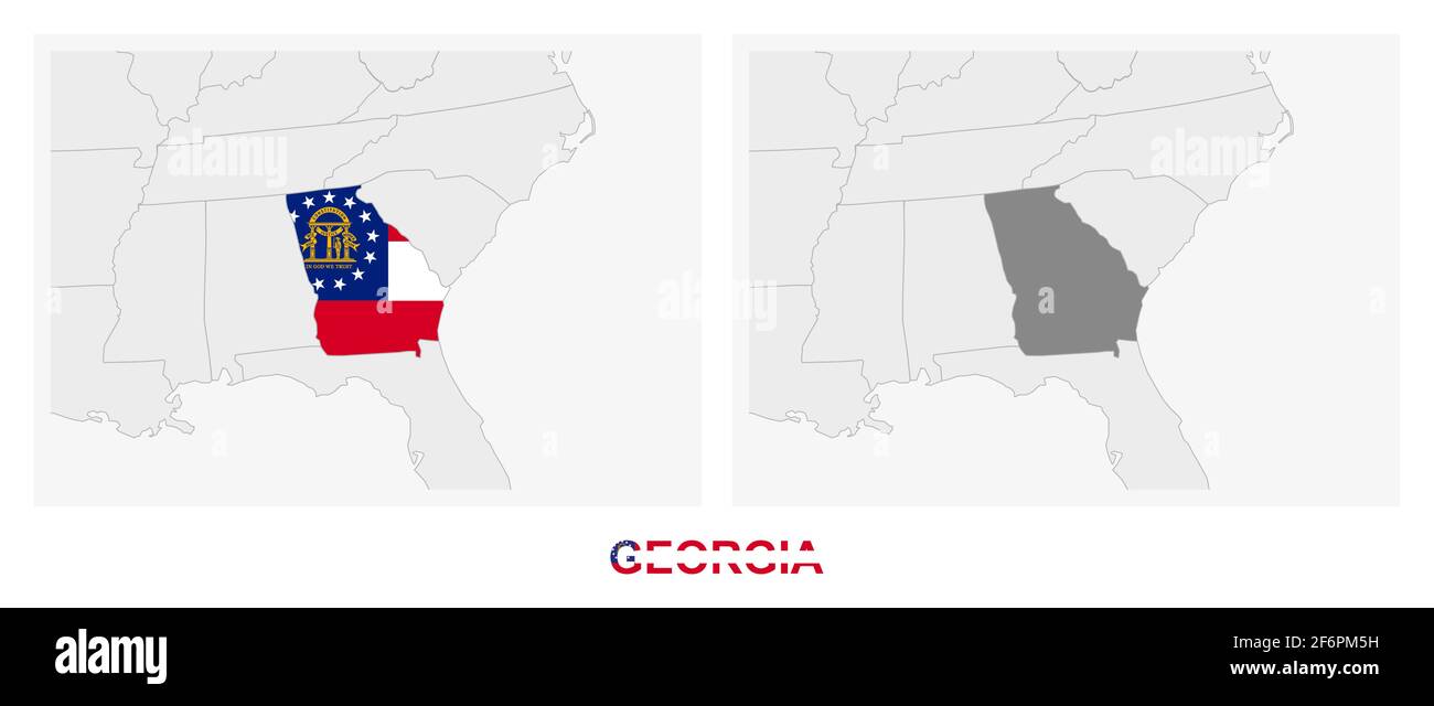 Two versions of the map of US State Georgia, with the flag of Georgia ...