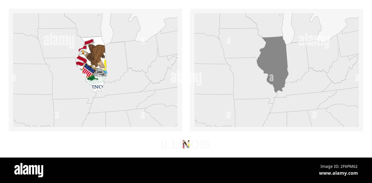 Two versions of the map of US State Illinois, with the flag of Illinois ...
