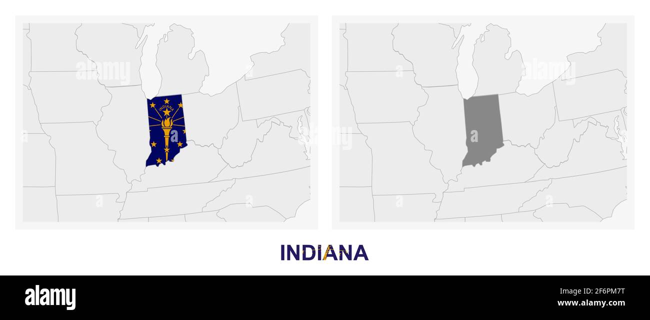 Two versions of the map of US State Indiana, with the flag of Indiana ...