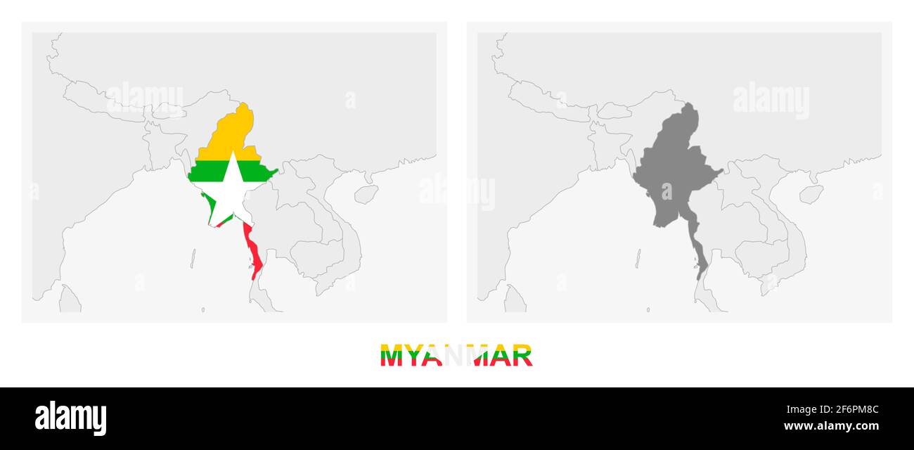 Two versions of the map of Myanmar, with the flag of Myanmar and ...