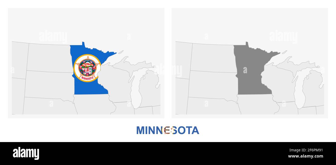 Two versions of the map of US State Minnesota, with the flag of ...