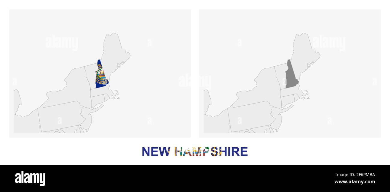 Two versions of the map of US State New Hampshire, with the flag of New ...