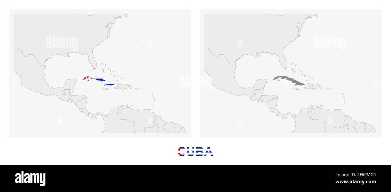 Two versions of the map of Cuba, with the flag of Cuba and highlighted ...