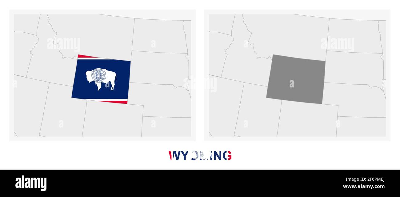 Two versions of the map of US State Wyoming, with the flag of Wyoming ...