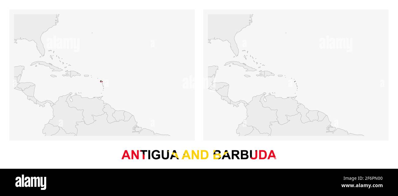 Two versions of the map of Antigua and Barbuda, with the flag of ...