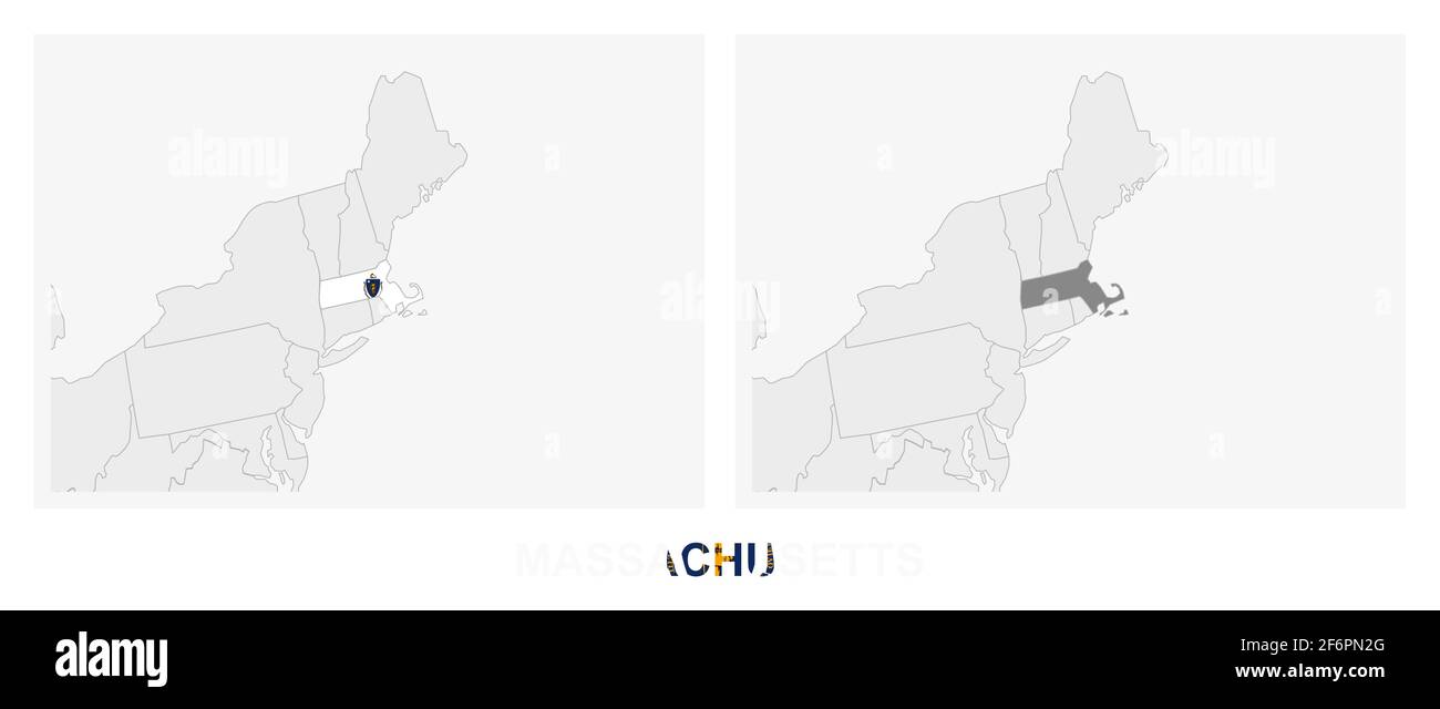 Two versions of the map of US State Massachusetts, with the flag of ...