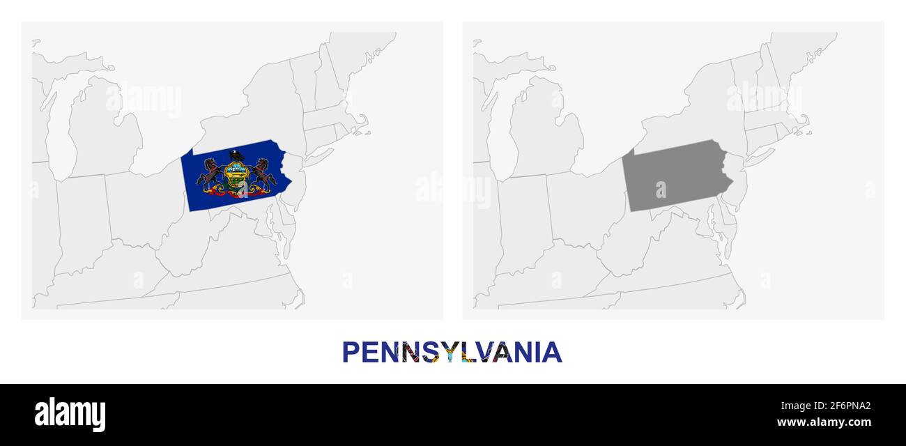 Two versions of the map of US State Pennsylvania, with the flag of ...
