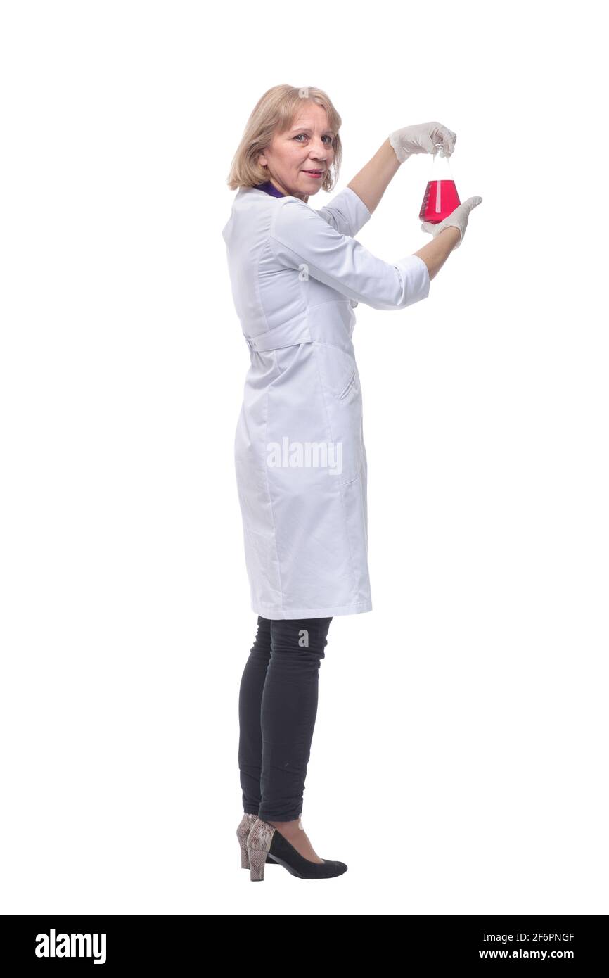 Back view of a lab scientist woman with gloves observes a beaker Stock ...