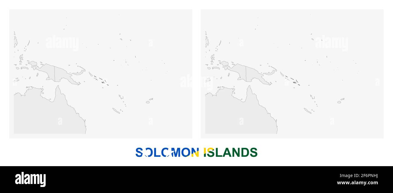 Two versions of the map of Solomon Islands, with the flag of Solomon Islands and highlighted in ...