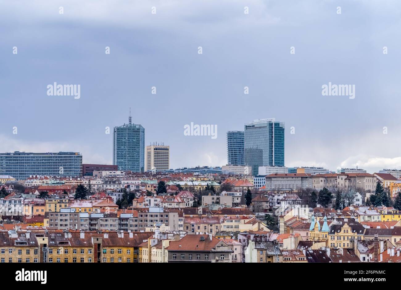 Prague cityscape of the district of Nusle, shot from the park Grebovka ...
