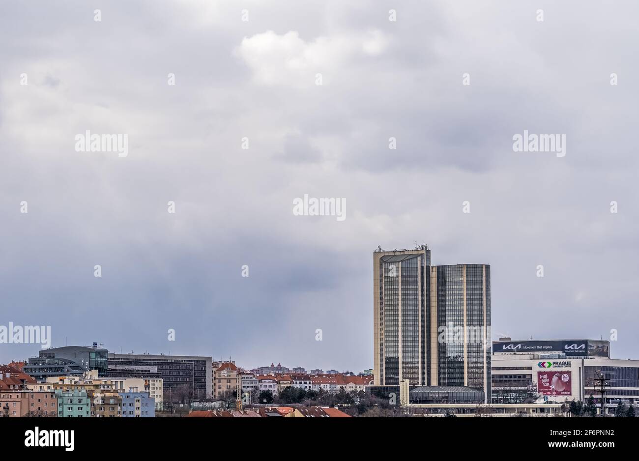 Prague cityscape of the district of Nusle, shot from the park Grebovka ...