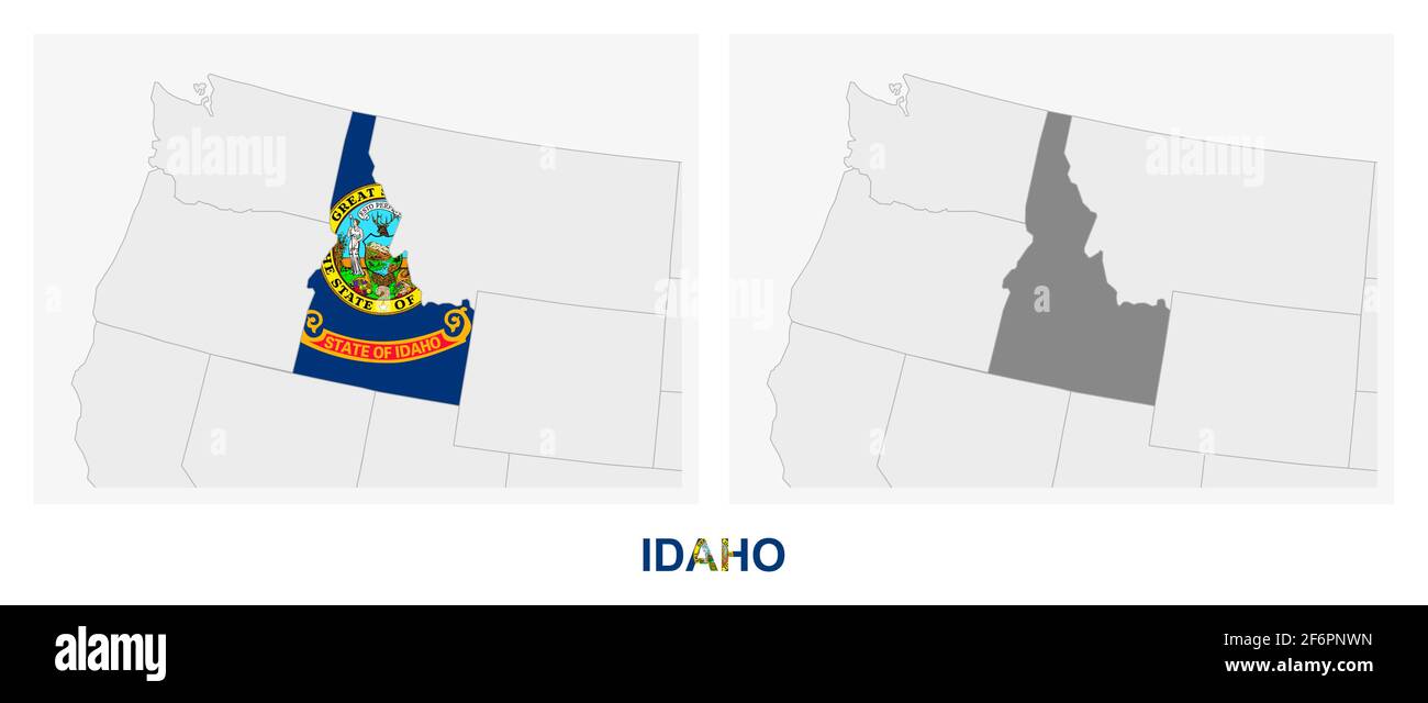 Two versions of the map of US State Idaho, with the flag of Idaho and ...