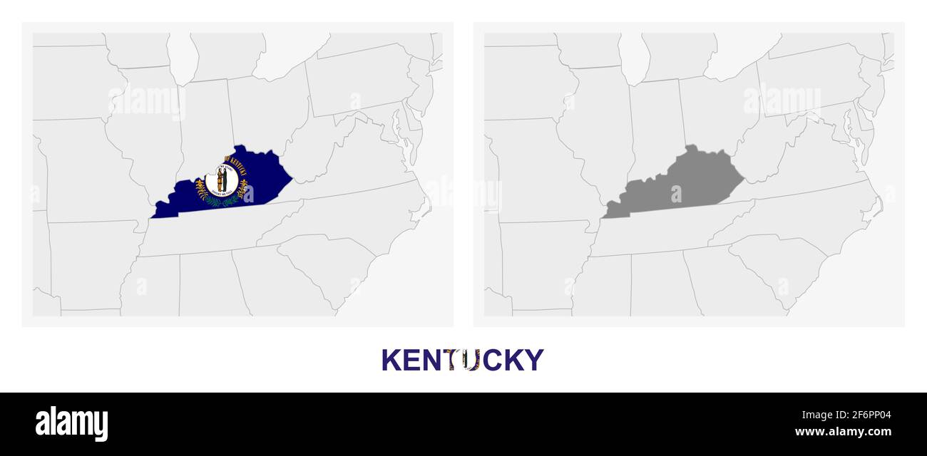 Two versions of the map of US State Kentucky, with the flag of Kentucky ...