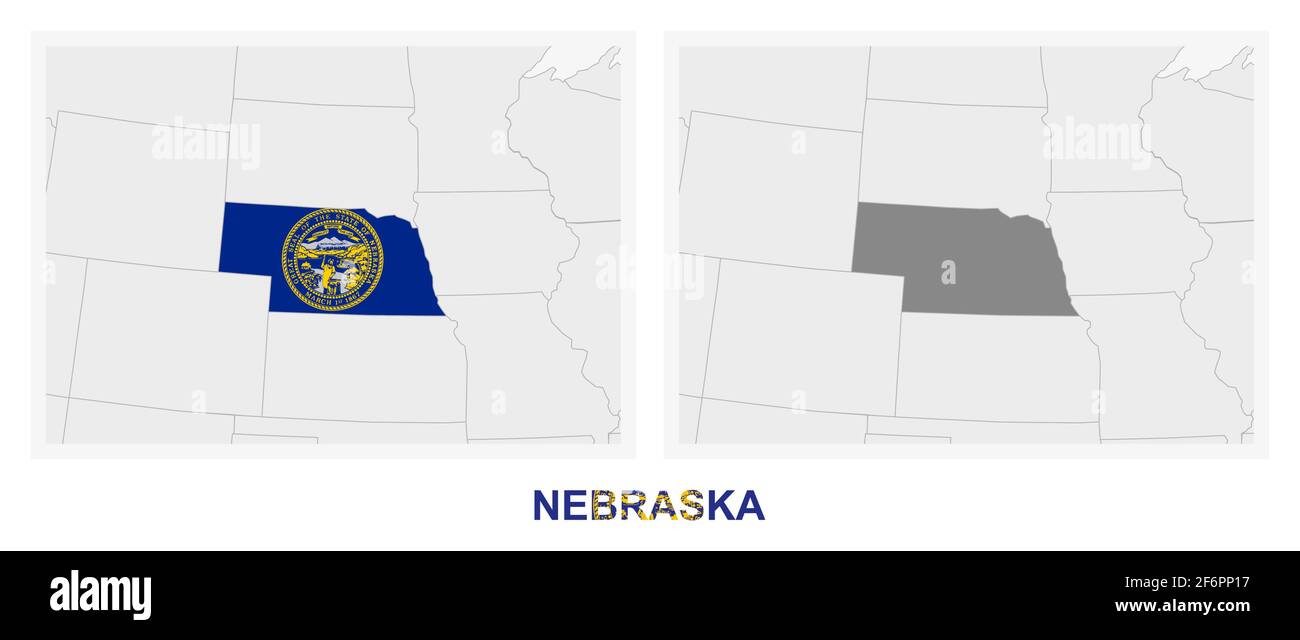 Two versions of the map of US State Nebraska, with the flag of Nebraska ...