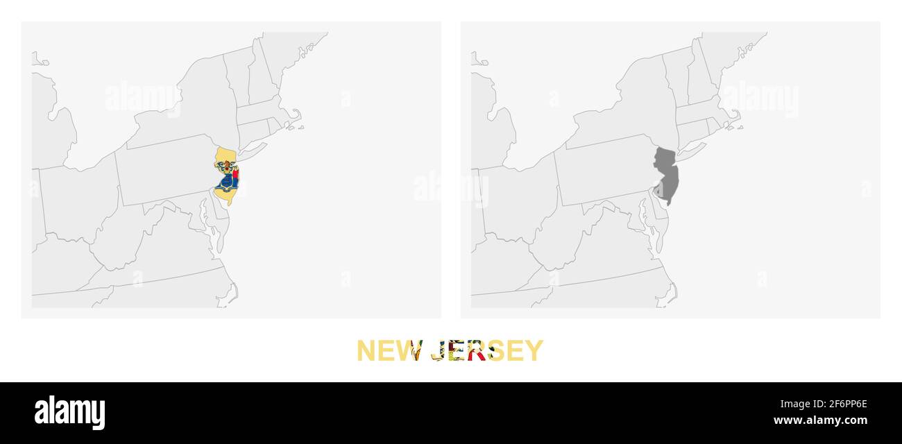 Two versions of the map of US State New Jersey, with the flag of New ...