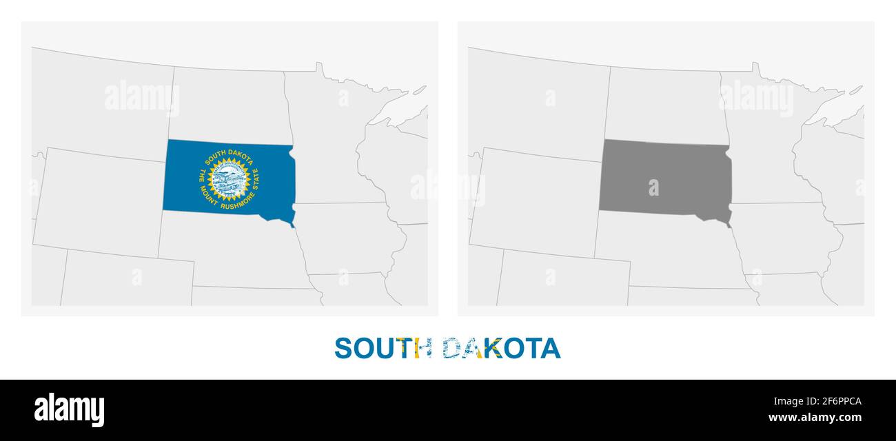 Two versions of the map of US State South Dakota, with the flag of ...