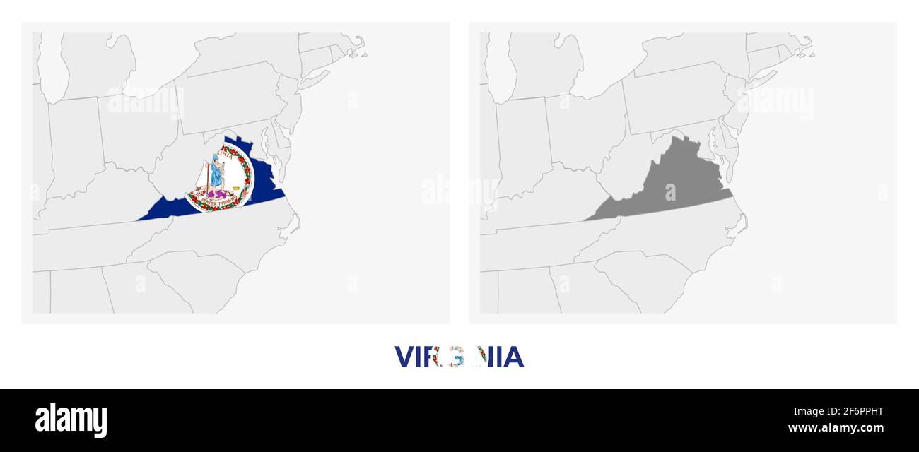 Two versions of the map of US State Virginia, with the flag of Virginia ...