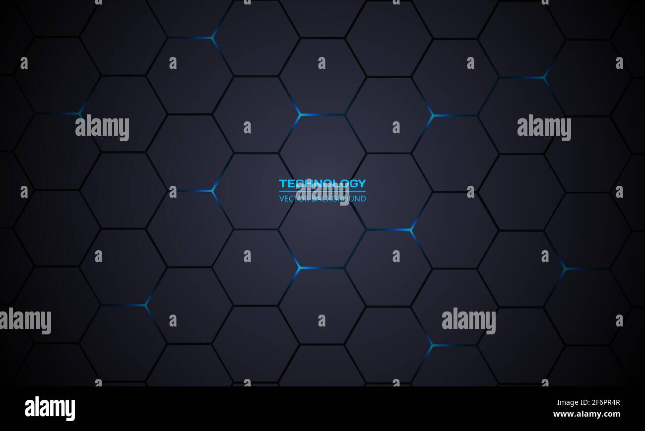 Dark gray hexagonal technology vector abstract background. Blue bright energy flashes under ...