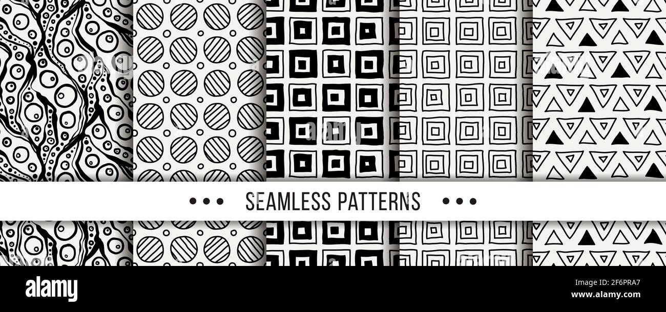 Cute collection of doodle hipster seamless patterns. Ornament set for your design, wallpaper ...