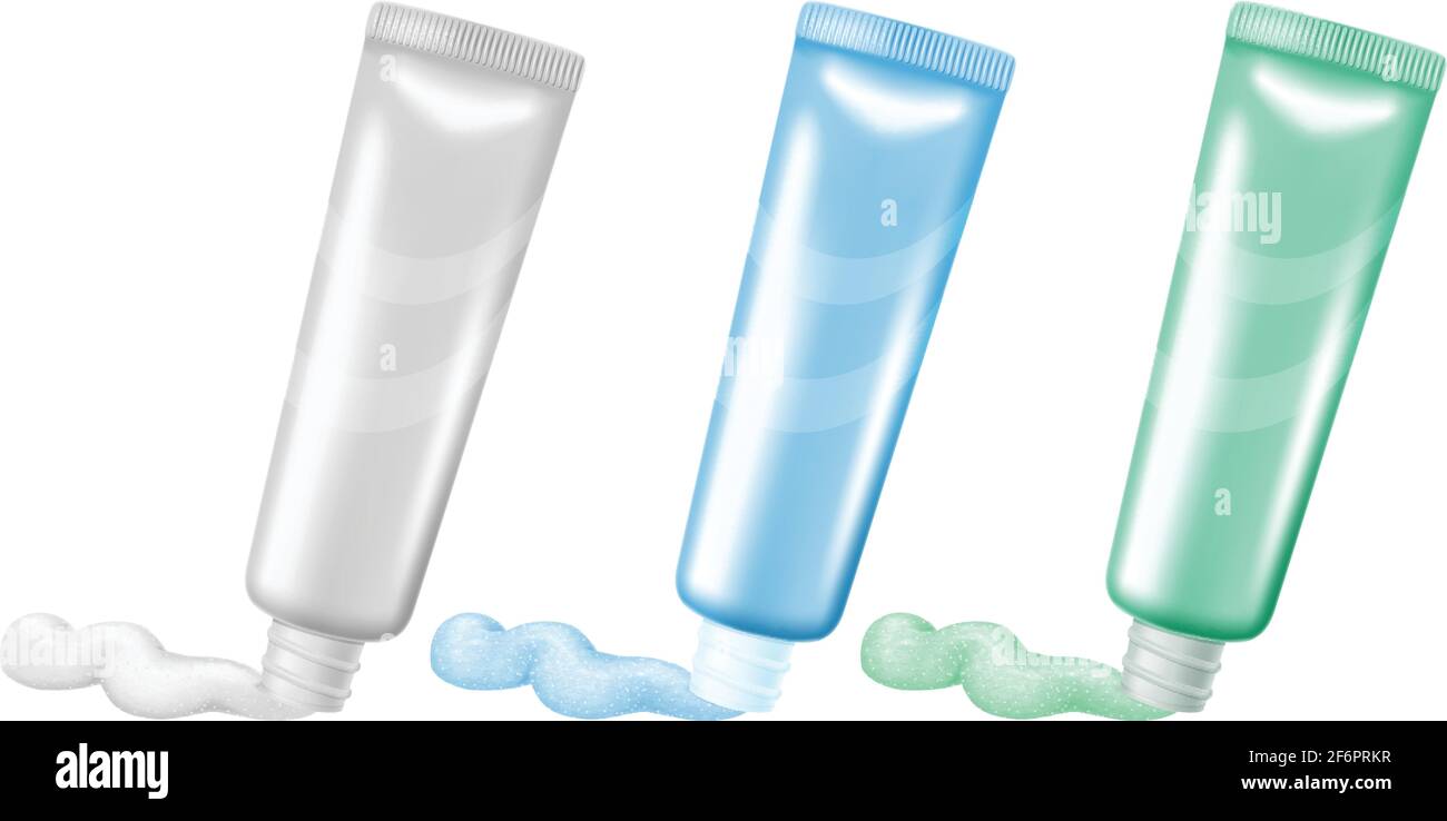 Set of open toothpaste tubes in three colors, isolated on white ...