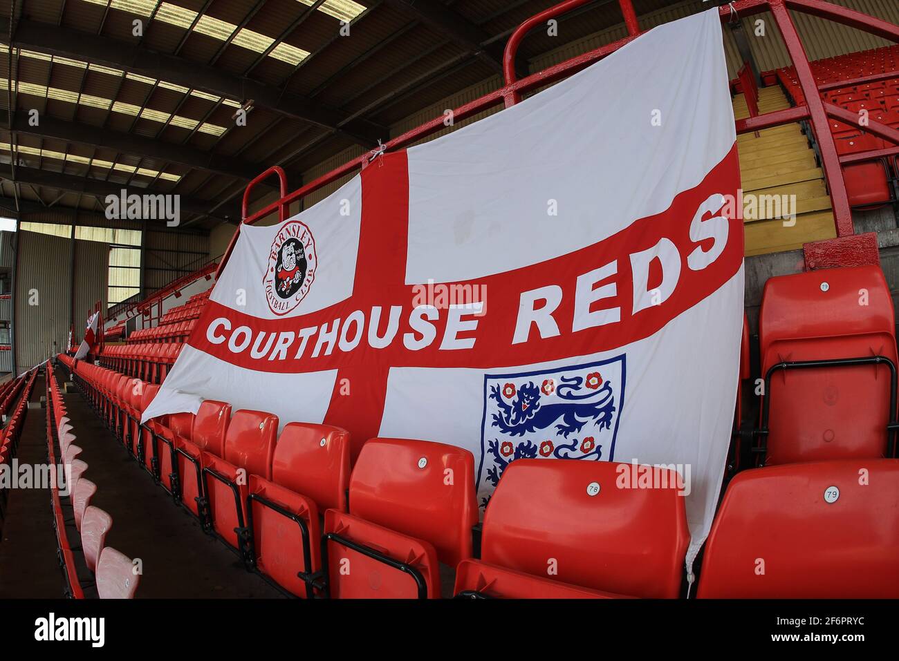 Barnsley, UK. 02nd Apr, 2021. A Barnsley flag strewn across the Ponty ...