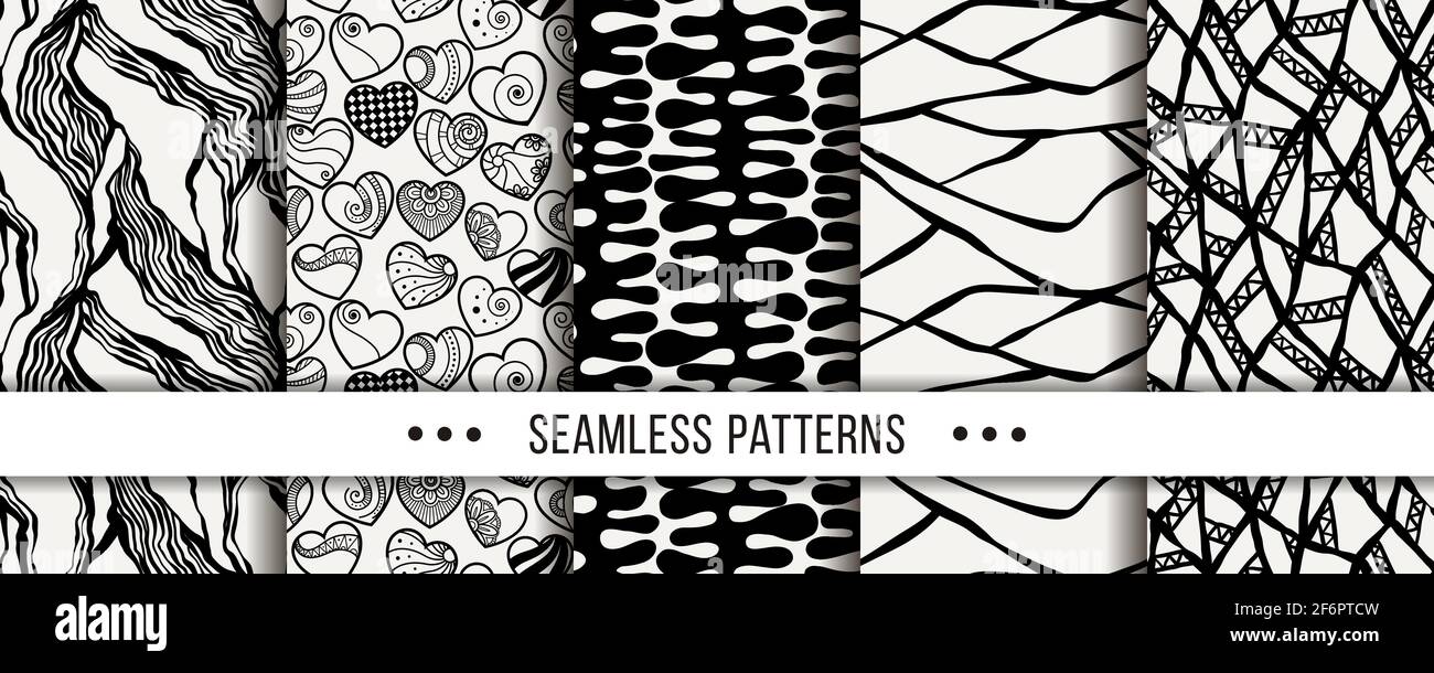Cute collection of doodle hipster seamless patterns. Ornament set for your design, wallpaper ...
