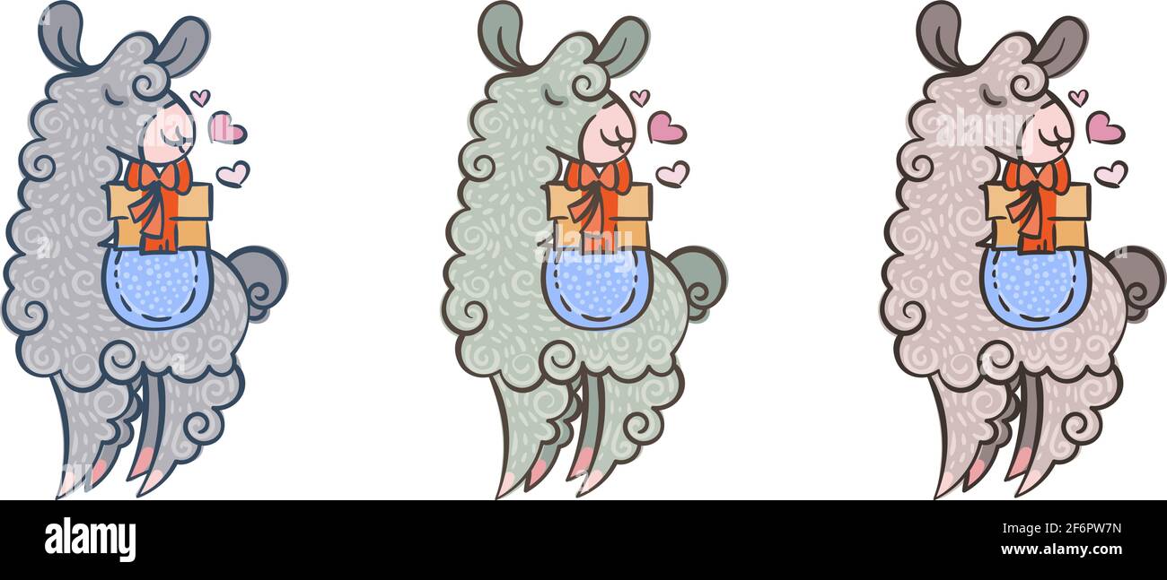 Set of cute curly alpacas in a warm and cozy blanket with a gift ...