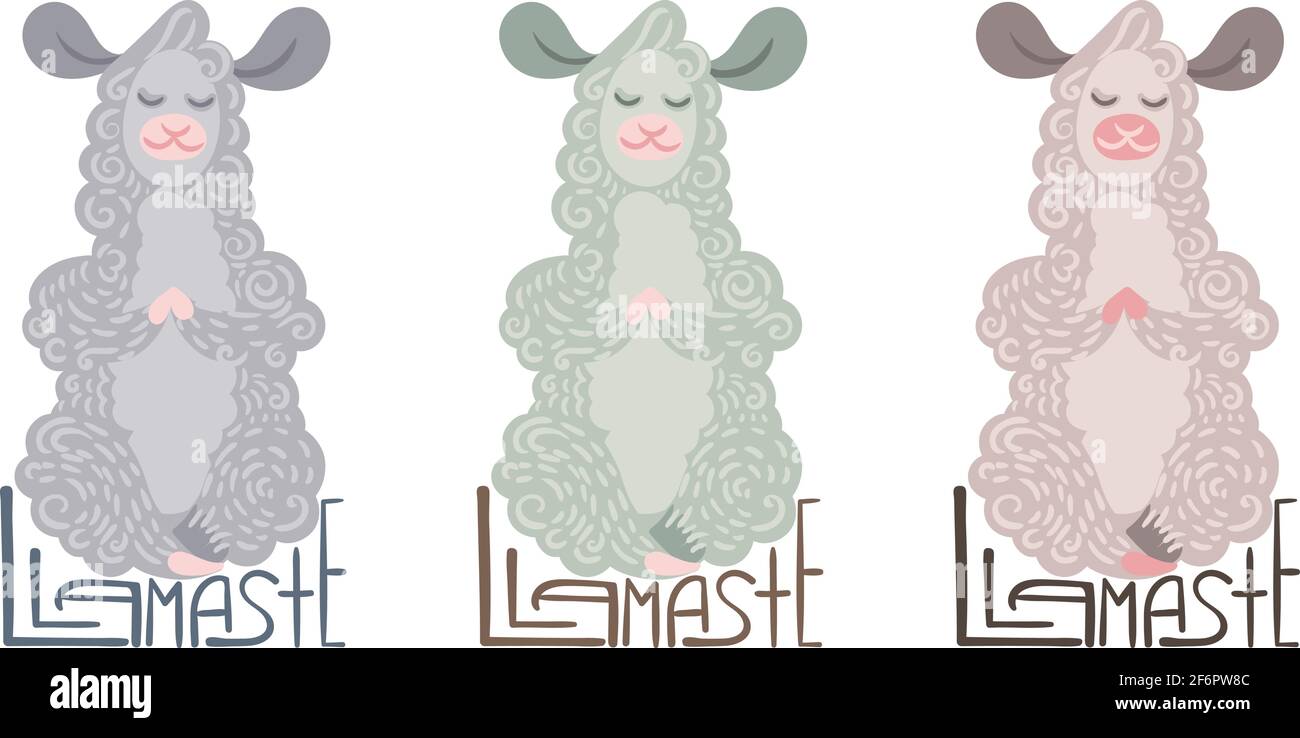 Llamaste. Set of cute curly llamas meditates in the lotus position ...