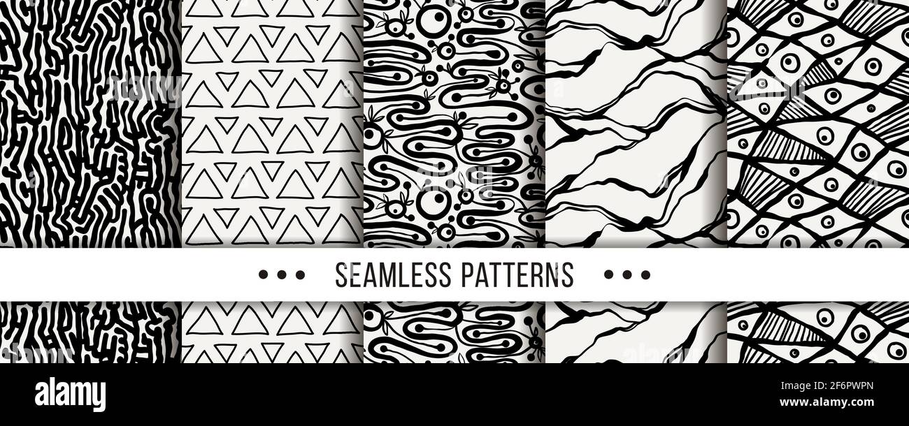 Cute collection of doodle hipster seamless patterns. Ornament set for your design, wallpaper ...