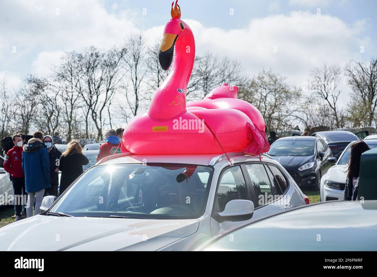 02 April 2021, Rhineland-Palatinate, Nürburg: A car with an inflated ...