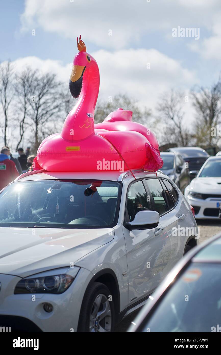 02 April 2021, Rhineland-Palatinate, Nürburg: A car with an inflated ...