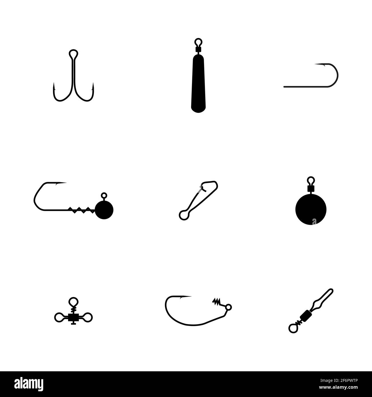 Set of spinning fishing accessories and tackles. Black silhouettes on a ...