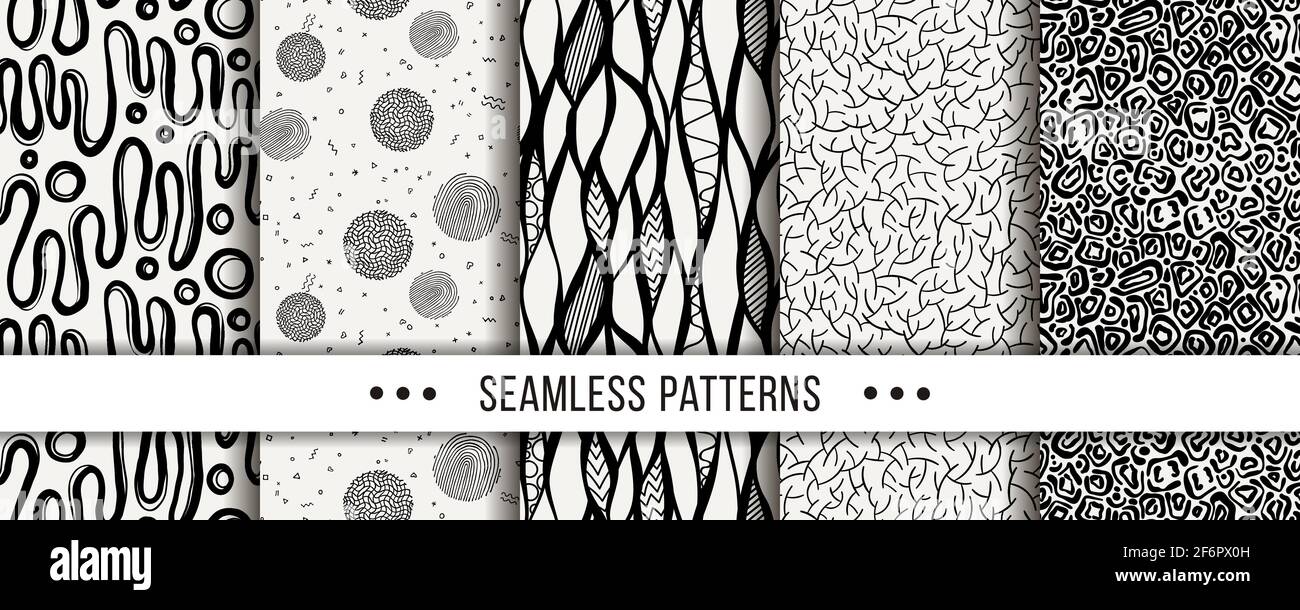 Cute collection of doodle hipster seamless patterns. Ornament set for your design, wallpaper ...