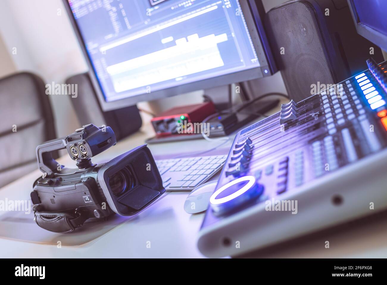 Video editing, recording and cutting room with monitors, camera and ...