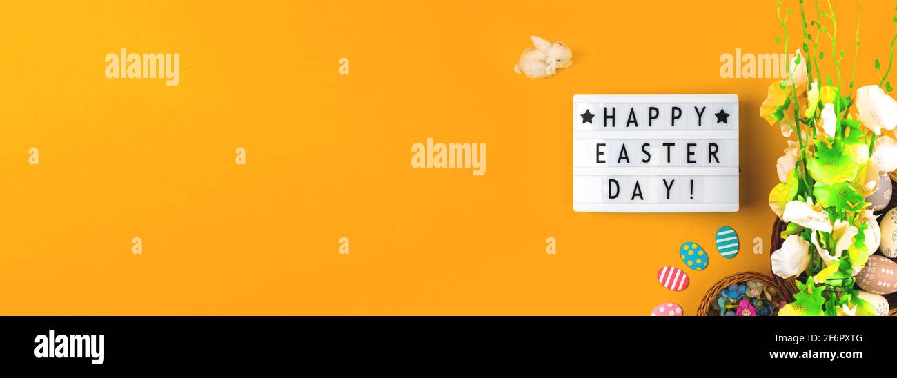 Holiday and festive banner Happy Easter Day text message, copy space ...