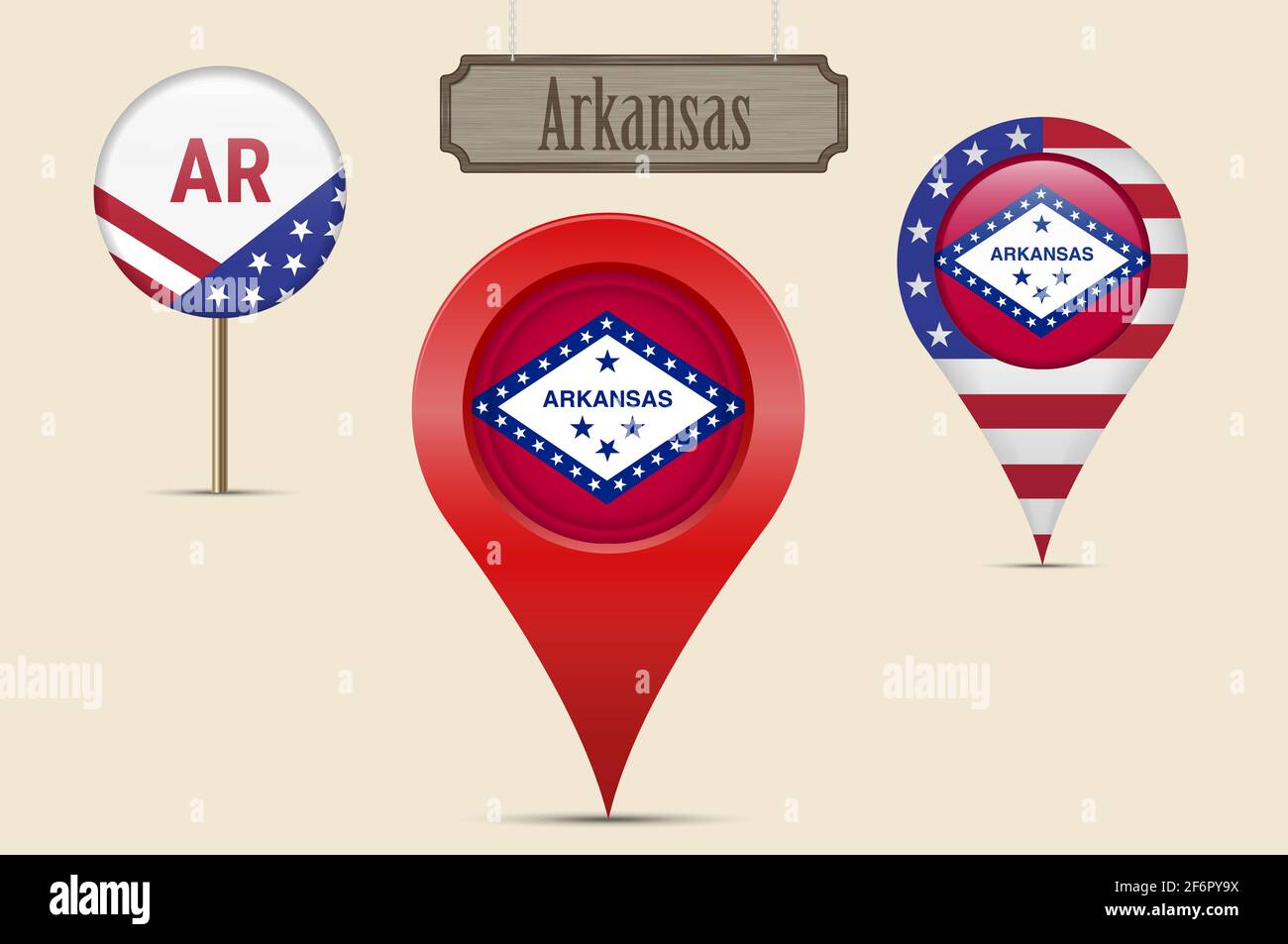Arkansas US state round flag. Map pin, red map marker, location pointer ...