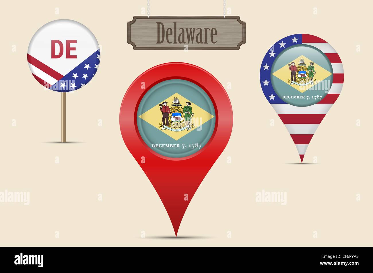 Delaware US state round flag. Map pin, red map marker, location pointer ...