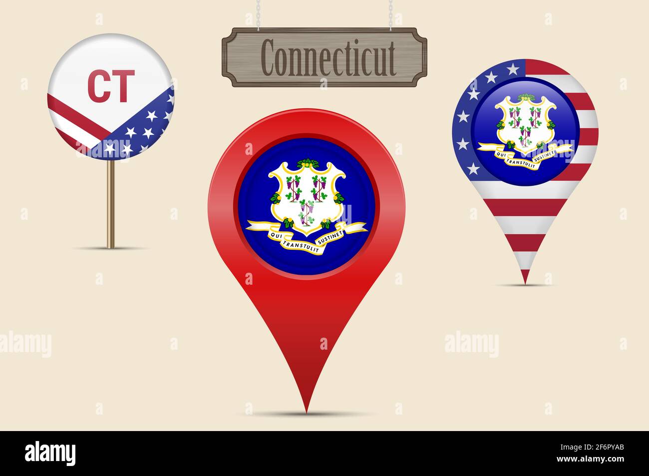 Connecticut US state round flag. Map pin, red map marker, location ...