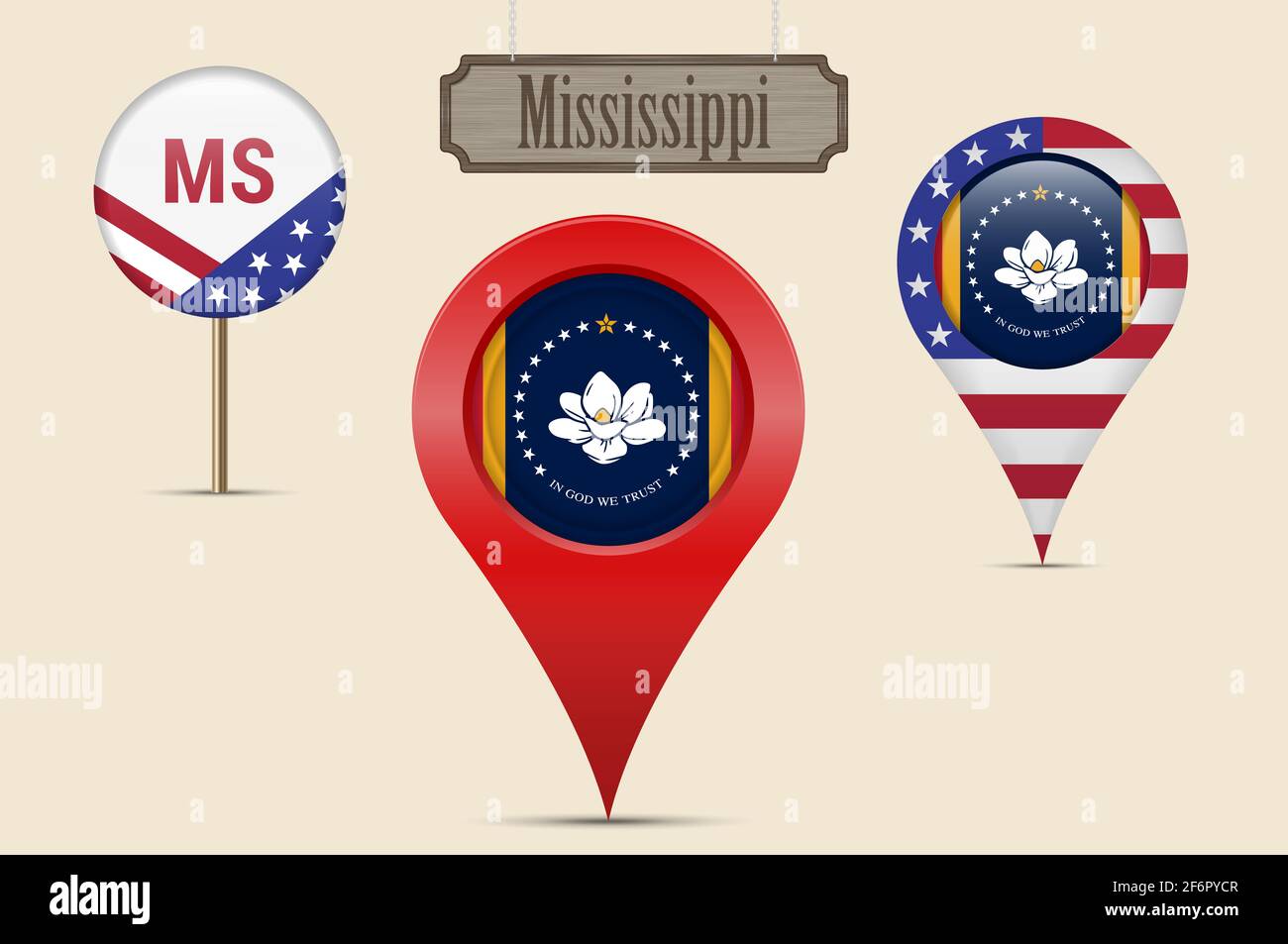 Mississippi US state round flag. Map pin, red map marker, location ...