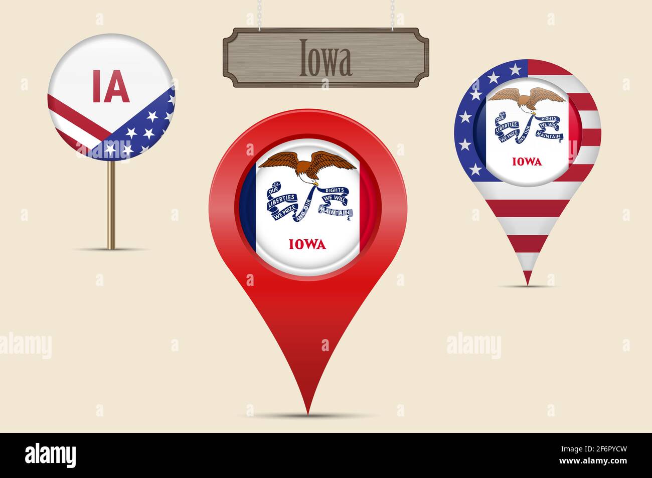 Iowa US state round flag. Map pin, red map marker, location pointer ...