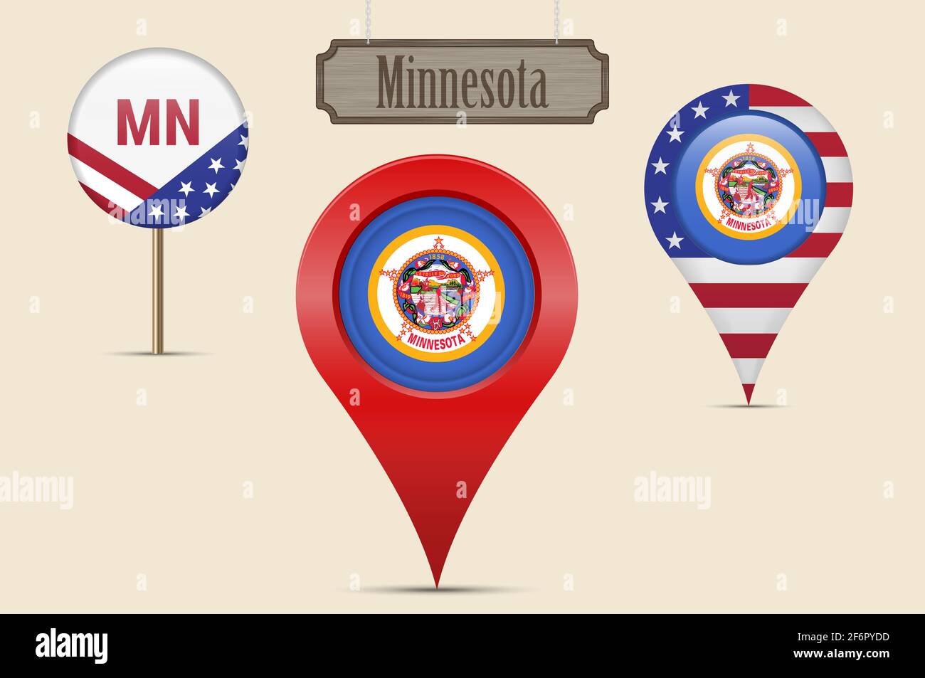 Minnesota US state round flag. Map pin, red map marker, location ...