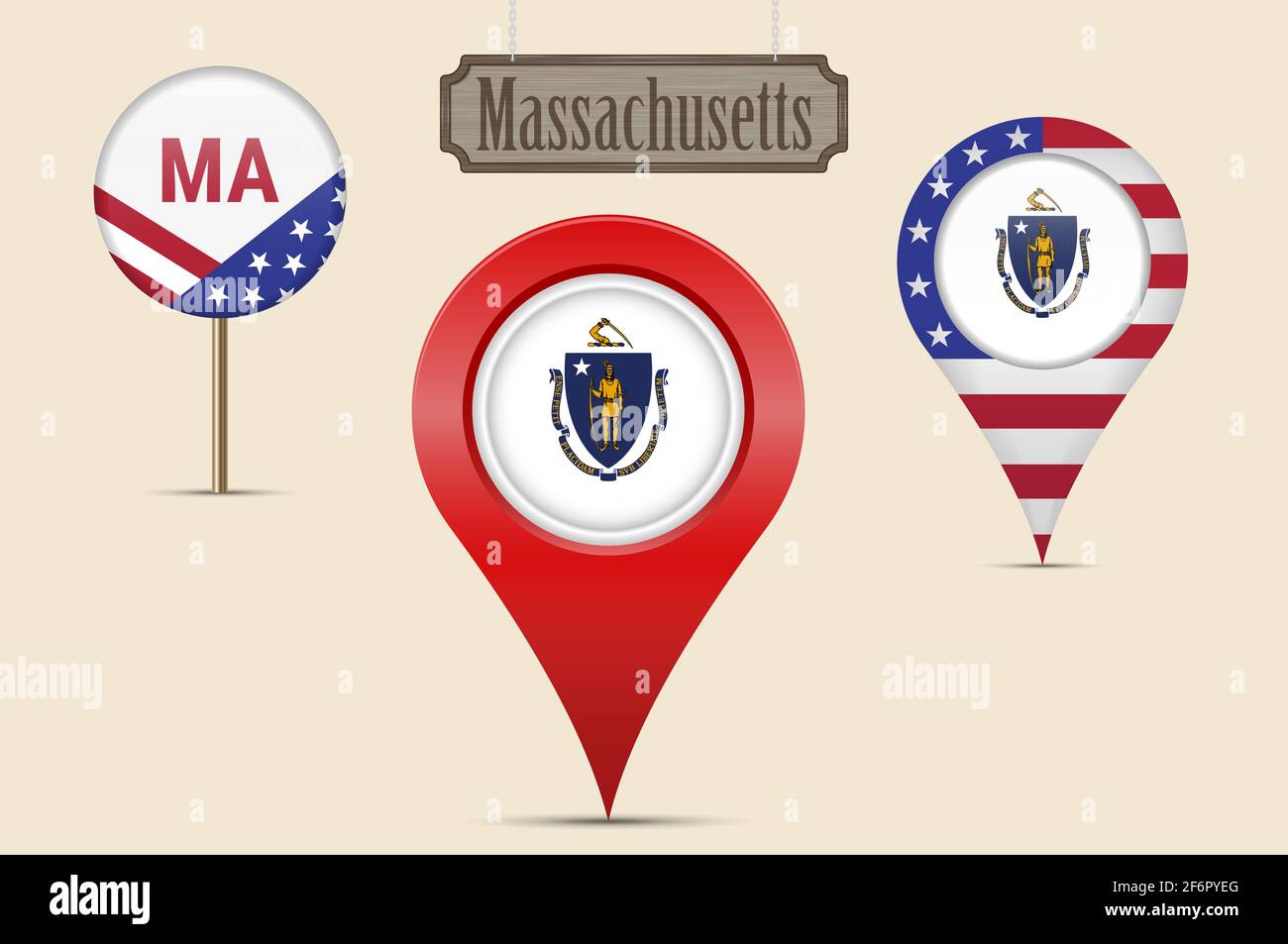 Massachusetts US state round flag. Map pin, red map marker, location ...